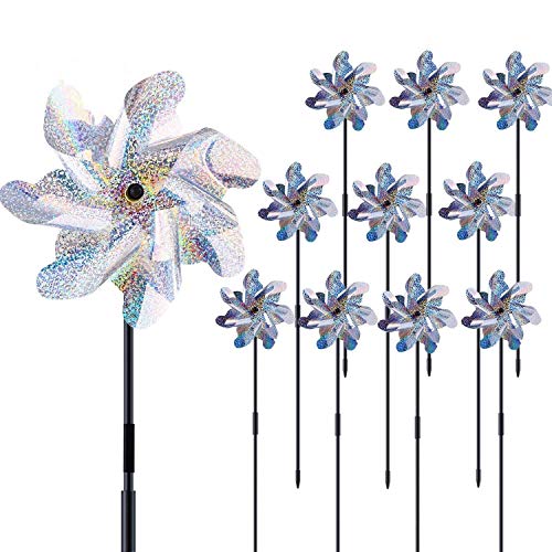 Ohuhu Reflective Pinwheels with Stakes, 10-Pack Extra Sparkly Wind Sculpture for Garden Decor Pin Wheel, Silver Wind Spinner