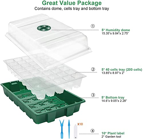 MIXC Seedling Trays Seed Starter Tray, 5-Pack Mini Propagator Plant Greenhouse Grow Kit with Humidity Vented Domes and Base for Seeds' Starting (40 Cells Per Tray, Total 200 Cells), Green