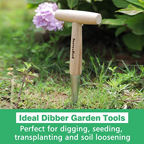 Berry&Bird Hand Dibber, Stainless Steel Sow Dibbler with Wood Handle, Garden Hole Punch Dibbler Tool for Planting Seeds & Bulbs, Hand Held Bulb Planter for Planting Flowers Tulips, Daffodils, Dahlias