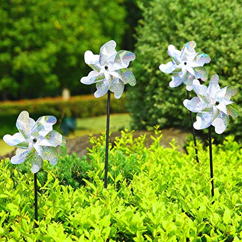 Ohuhu Reflective Pinwheels with Stakes, 10-Pack Extra Sparkly Wind Sculpture for Garden Decor Pin Wheel, Silver Wind Spinner