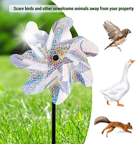 Ohuhu Reflective Pinwheels with Stakes, 10-Pack Extra Sparkly Wind Sculpture for Garden Decor Pin Wheel, Silver Wind Spinner
