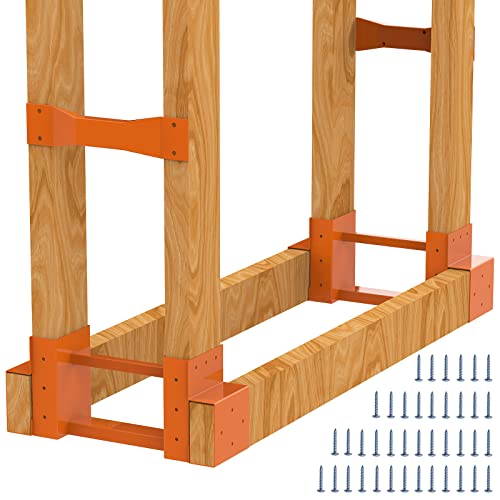 Firewood Log Storage Rack Bracket Kit with Screws Steel Fireplace Wood Storage Holder Outdoor Indoor - Adjustable to Any Length, Rust Proof, Heavy Duty (2 Brackets Kits and 2 Connectors)