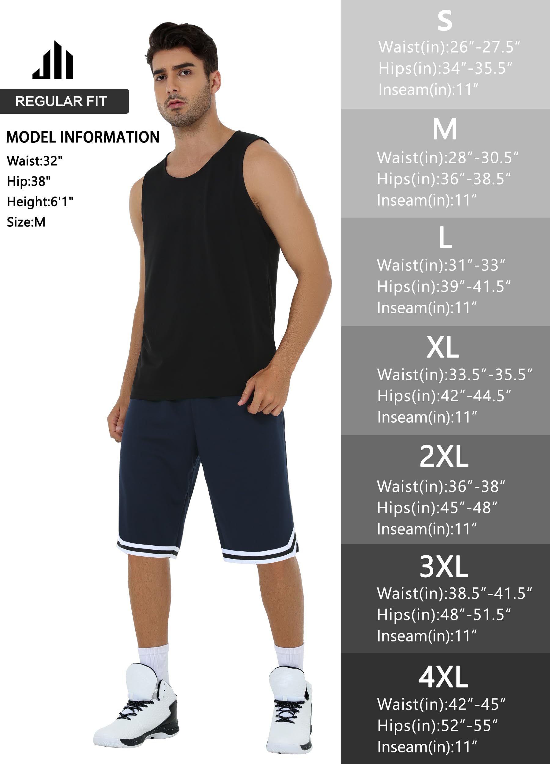 JWM Mens Long Basketball Shorts with Zip Pockets - 11" Mesh Athletic Gym Workout Sport Shorts Quick Dry Lightweight Navy