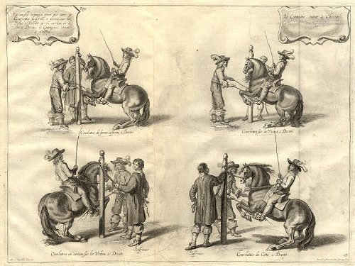 La nouvelle invention pour les airs α Courbettes, de ferme α ferme, sur les Voltes α Droite, et en arriere, et de câ te α Droite, le Capitaine etant α Cheval