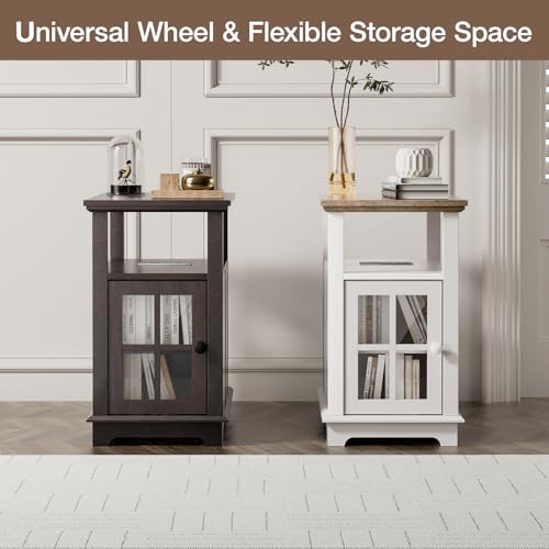 HIFYOBRO End Table with Fast Charging Station, Side Table on Wheels, Storage End Table with Electric Fireplace, Suitable for Living Room Bedroom (Espresso)