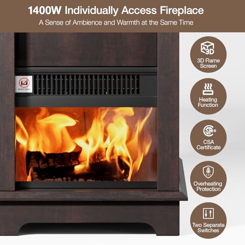 HIFYOBRO End Table with Fast Charging Station, Side Table on Wheels, Storage End Table with Electric Fireplace, Suitable for Living Room Bedroom (Espresso)