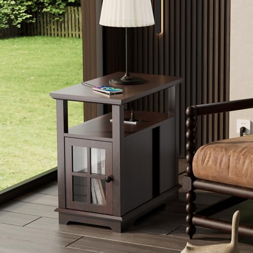 HIFYOBRO End Table with Fast Charging Station, Side Table on Wheels, Storage End Table with Electric Fireplace, Suitable for Living Room Bedroom (Espresso)