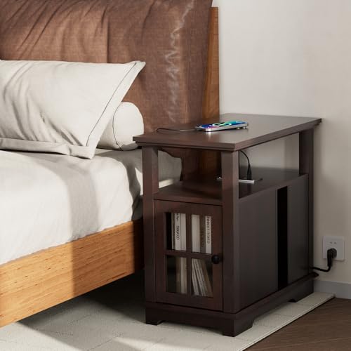 HIFYOBRO End Table with Fast Charging Station, Side Table on Wheels, Storage End Table with Electric Fireplace, Suitable for Living Room Bedroom (Espresso)