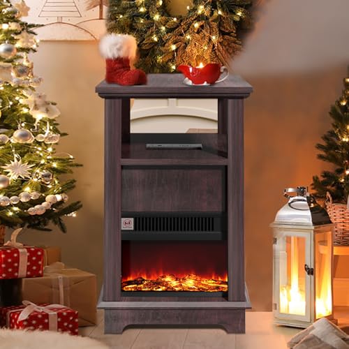 HIFYOBRO End Table with Fast Charging Station, Side Table on Wheels, Storage End Table with Electric Fireplace, Suitable for Living Room Bedroom (Espresso)