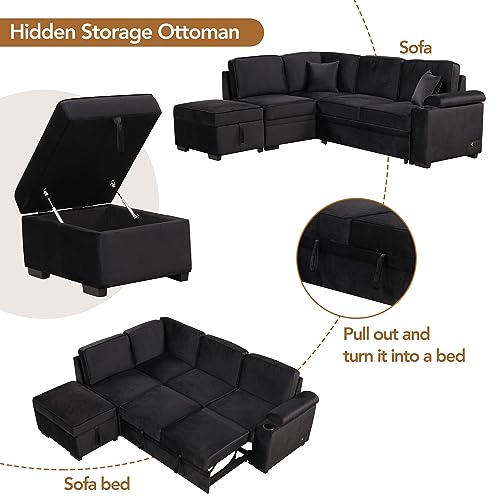 Eafurn 87.4" L Shaped Convertible Sectional Pull-Out Bed, Linen Upholstery Corner Storage Ottoman and Cup Holder & Dual USB Charge, 5 Seater Sofa & Couch for Living Room, Black w/ 2 Pillows
