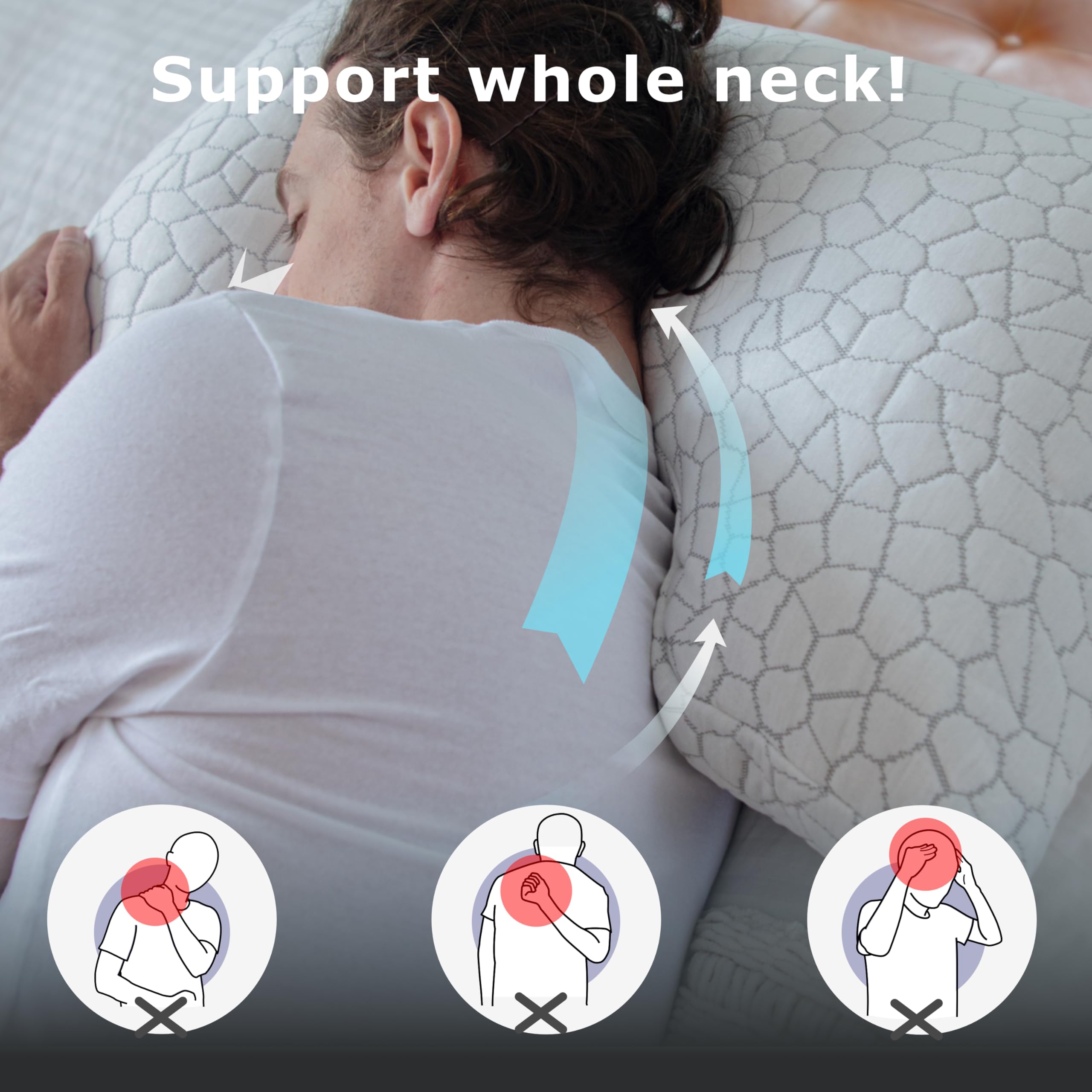 Pharmedoc Adjustable Shredded Memory Foam Curved Pillow - Side Sleeper Pillow - Deep Center - Neck Pillow for Pain Relief - Queen Bed Pillow 1 Pack