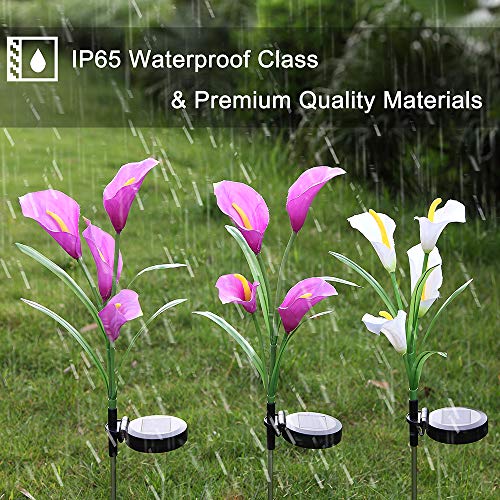 Aloudy Solar Garden Stake Lights, Upgraded 3 Pack Outdoor Waterproof Solar Powered Lights with 12 Calla Lily Flowers, 7 Colors Changing LED Solar Lights for Garden, Patio, Backyard(Purple and White)