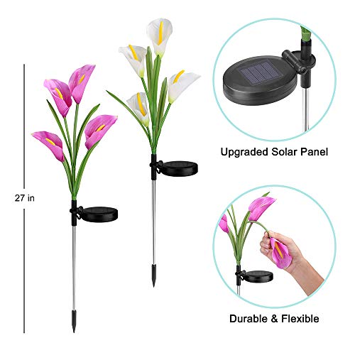 Aloudy Solar Garden Stake Lights, Upgraded 3 Pack Outdoor Waterproof Solar Powered Lights with 12 Calla Lily Flowers, 7 Colors Changing LED Solar Lights for Garden, Patio, Backyard(Purple and White)