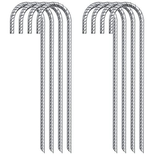 FEED GARDEN 12 Inch 8 Pack Galvanized Rebar Stakes Heavy Duty J Hook,Ground Stakes Tent Stakes Steel Ground Anchors,Silver