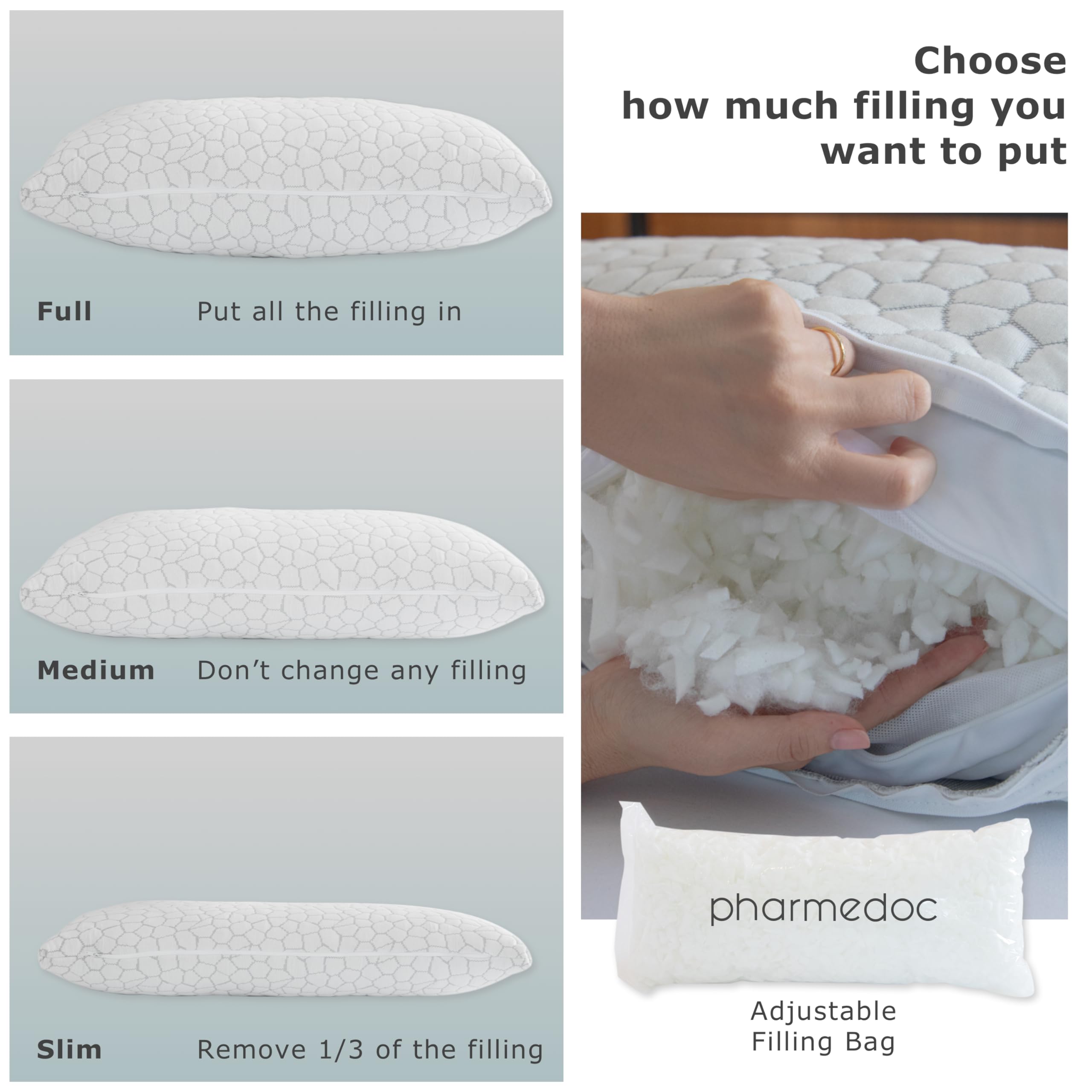 Pharmedoc Adjustable Shredded Memory Foam Curved Pillow - Side Sleeper Pillow - Deep Center - Neck Pillow for Pain Relief - Queen Bed Pillow 1 Pack