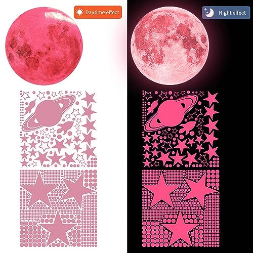 Riakoob Moon and Star Castle Luminous Wall Stickers - Glow in The Dark Pink - Magical Decor for Bedrooms (Pink Moon)