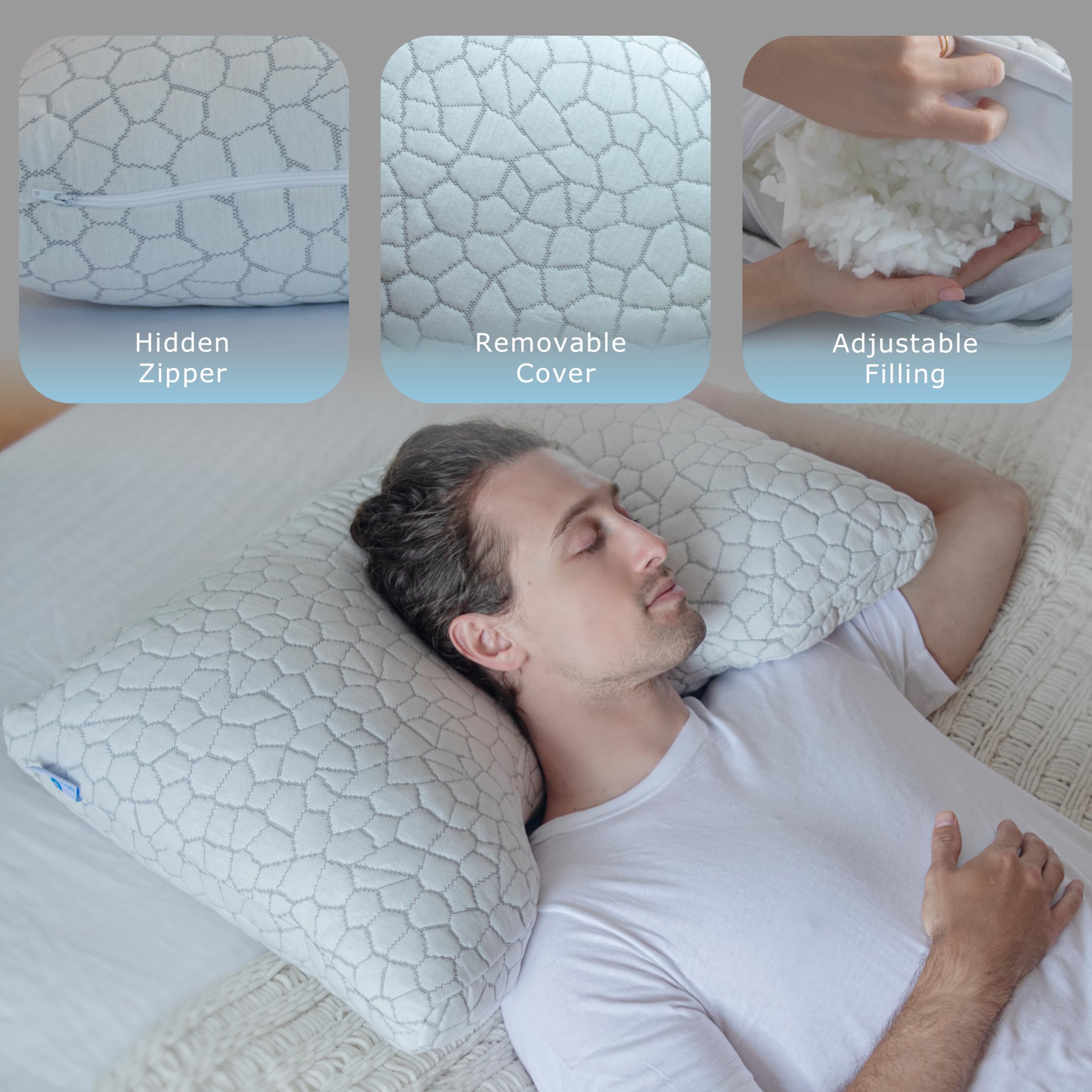 Pharmedoc Adjustable Shredded Memory Foam Curved Pillow - Side Sleeper Pillow - Deep Center - Neck Pillow for Pain Relief - Queen Bed Pillow 1 Pack