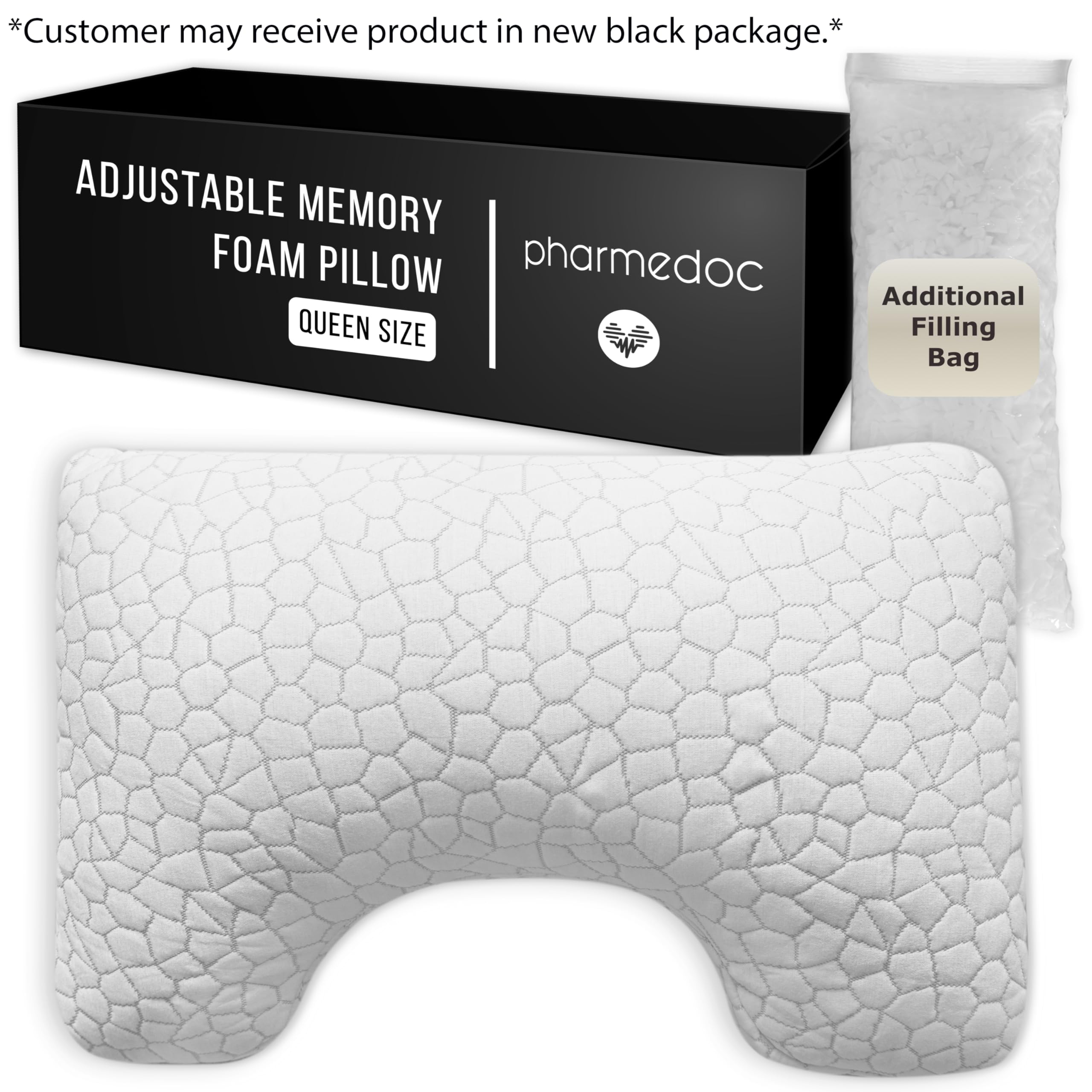 Pharmedoc Adjustable Shredded Memory Foam Curved Pillow - Side Sleeper Pillow - Deep Center - Neck Pillow for Pain Relief - Queen Bed Pillow 1 Pack