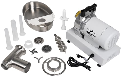 MEAT! 1 HP Meat Grinder with 3 Stuffing Tubes, 2 Stainless Steel Grinding Plates, and a Stainless Steel Stuffing Plate for Making Ground Meat