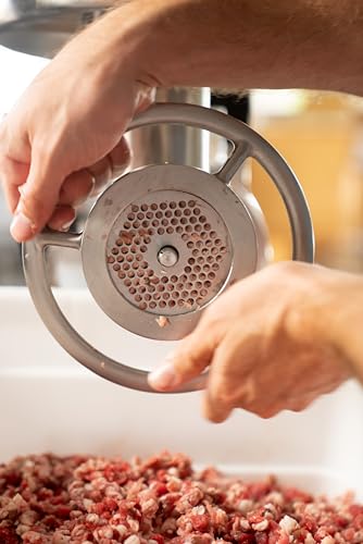 MEAT! 1 HP Meat Grinder with 3 Stuffing Tubes, 2 Stainless Steel Grinding Plates, and a Stainless Steel Stuffing Plate for Making Ground Meat
