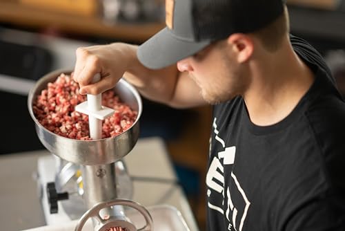 MEAT! 1 HP Meat Grinder with 3 Stuffing Tubes, 2 Stainless Steel Grinding Plates, and a Stainless Steel Stuffing Plate for Making Ground Meat