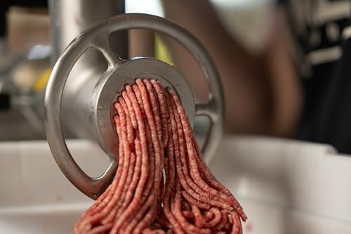 MEAT! 1 HP Meat Grinder with 3 Stuffing Tubes, 2 Stainless Steel Grinding Plates, and a Stainless Steel Stuffing Plate for Making Ground Meat