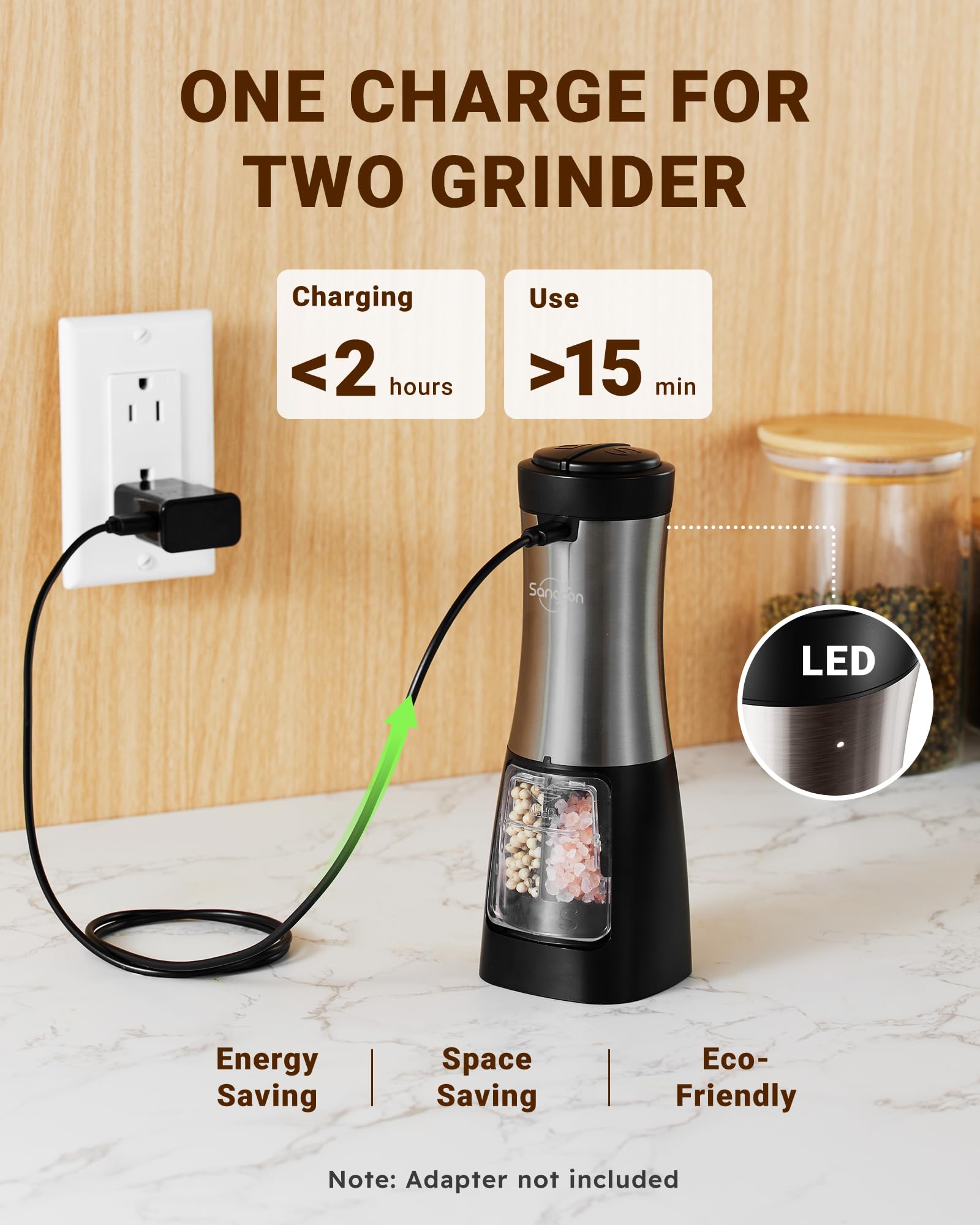USB Rechargeable 2 in 1 Electric Salt and Pepper Grinder Set Shaker & 800W Blender for Shakes and Smoothies with 57 Oz Glass Jar & 10 Oz Grinding Cup