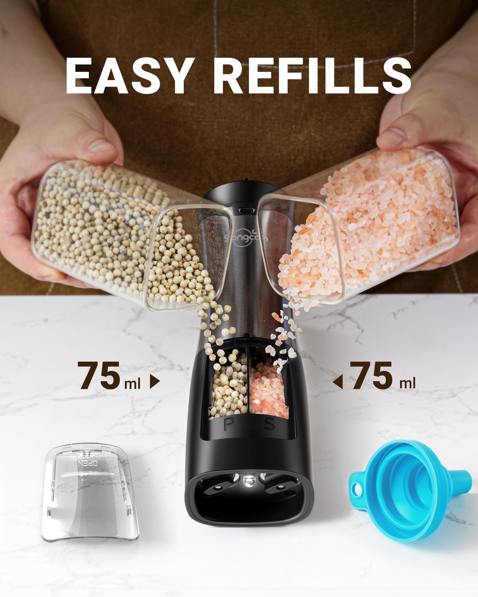 USB Rechargeable 2 in 1 Electric Salt and Pepper Grinder Set Shaker & 800W Blender for Shakes and Smoothies with 57 Oz Glass Jar & 10 Oz Grinding Cup