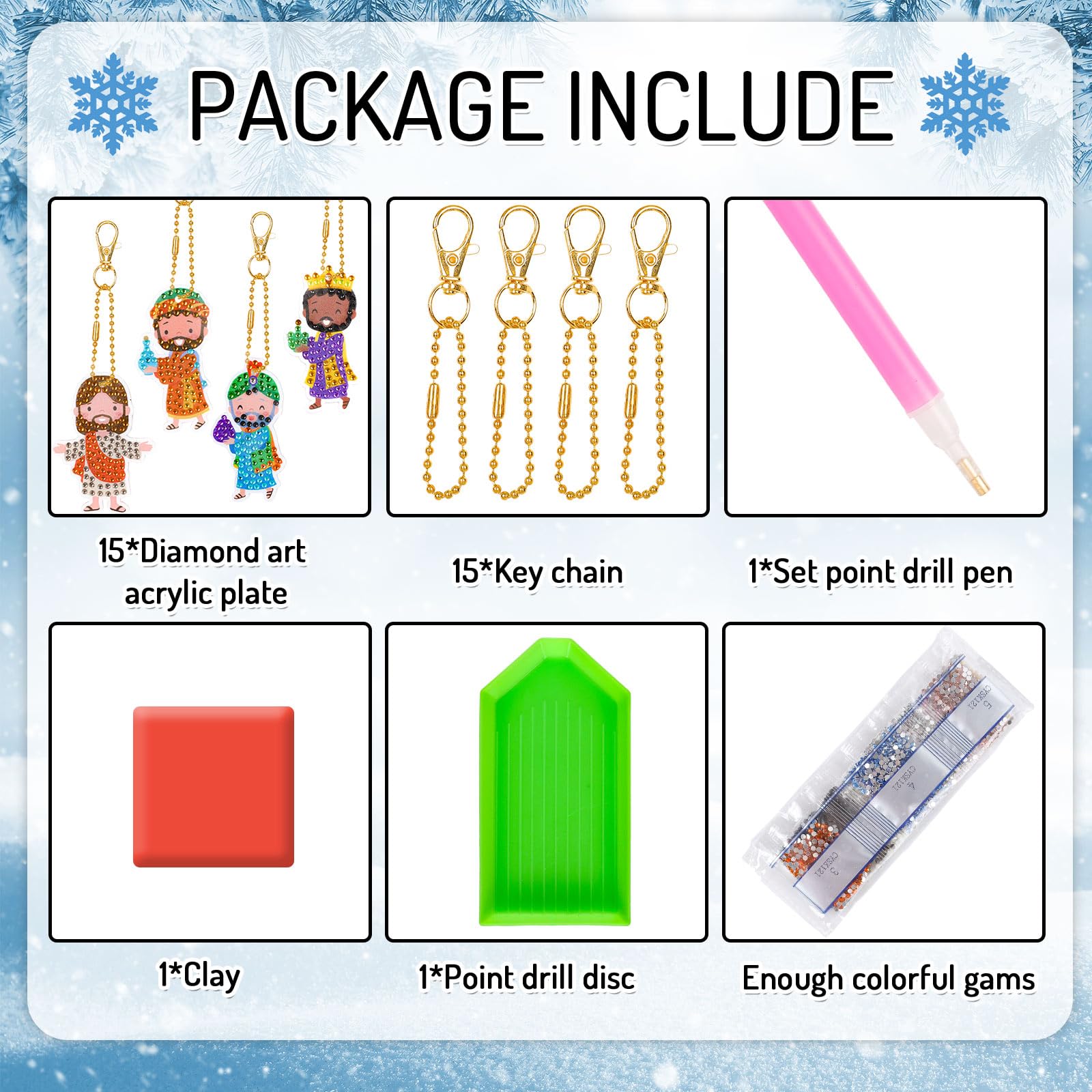 Whaline 15Pcs Christmas 5D Diamond Drawing Keychain Kit DIY Handmade Nativity Angel Diamond Drawing Pendent Rhinestone Mosaic Making Full Drill Diamond Art Ornaments Key Chain for Kids Crafts