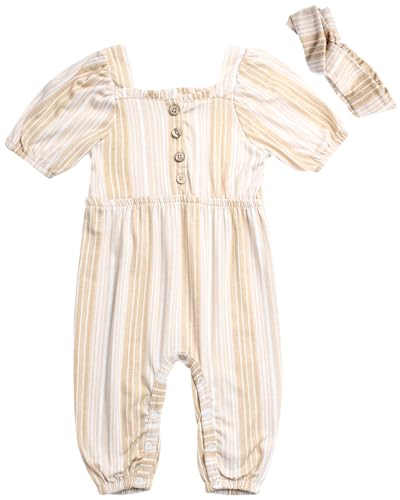 Jessica Simpson Baby Girls' Romper - One Piece Short Sleeve Jumpsuit for Baby Girls with Headband (Infant Sizes: 0-24M), Size 6-9 Months, Yellow Stripe