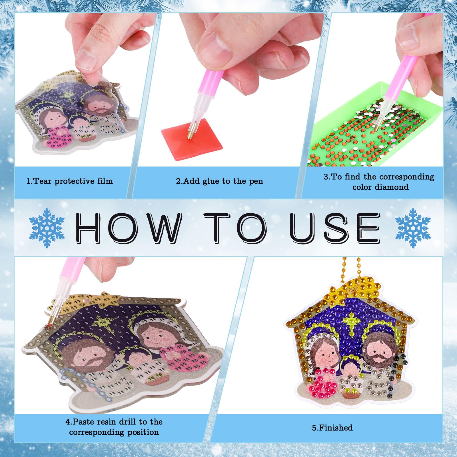 Whaline 15Pcs Christmas 5D Diamond Drawing Keychain Kit DIY Handmade Nativity Angel Diamond Drawing Pendent Rhinestone Mosaic Making Full Drill Diamond Art Ornaments Key Chain for Kids Crafts