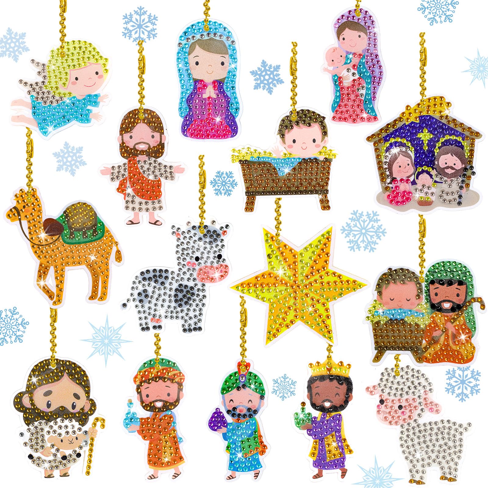 Whaline 15Pcs Christmas 5D Diamond Drawing Keychain Kit DIY Handmade Nativity Angel Diamond Drawing Pendent Rhinestone Mosaic Making Full Drill Diamond Art Ornaments Key Chain for Kids Crafts