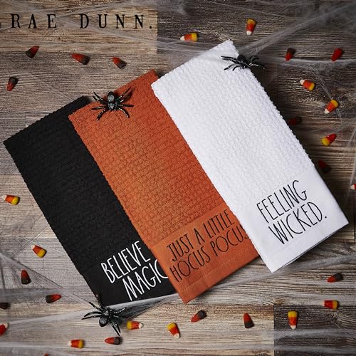 Rae Dunn Set of Hand Towels for Kitchen and Bathroom, 100% Cotton, Embroidered Dish Towels, Decorative Hand Towels, Believe in Magic, 3 Pack