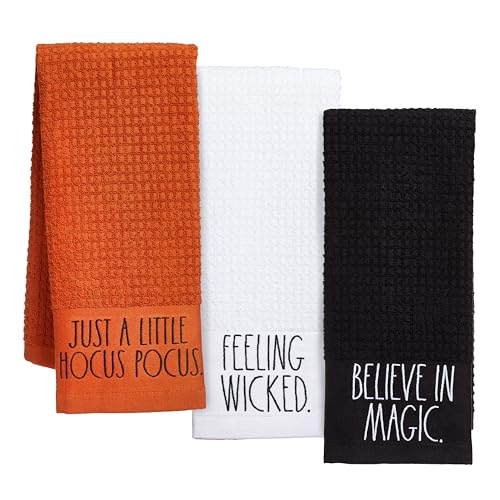 Rae Dunn Set of Hand Towels for Kitchen and Bathroom, 100% Cotton, Embroidered Dish Towels, Decorative Hand Towels, Believe in Magic, 3 Pack