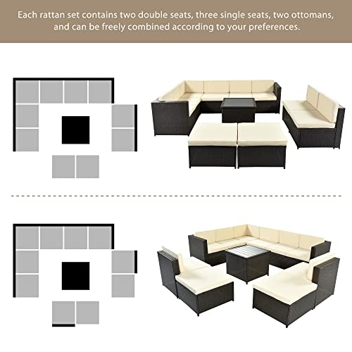 GINGVAT 9 Piece Rattan Furniture Sectional Seating Group with Table, Single Chairs and Ottoman, Outdoor PE Wicker Conversation Sofa Set, Brown+Beige