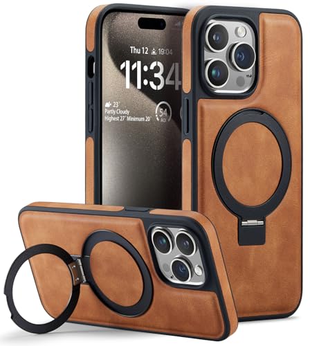 Casus Designed for iPhone 15 Pro Max Case Compatible with MagSafe Kickstand Vegan Leather Slim Classic Luxury Elegant Thin Protective Cover (2023) 6.7" (Brown)