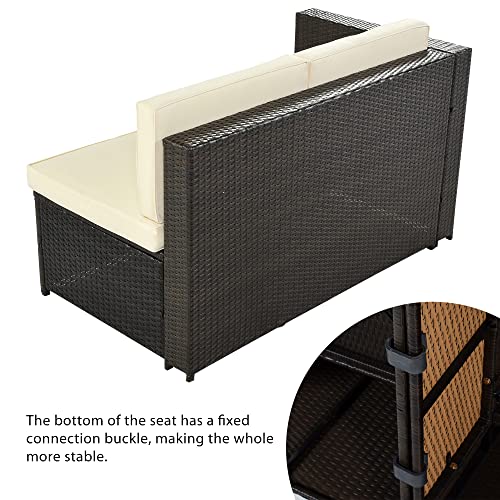 GINGVAT 9 Piece Rattan Furniture Sectional Seating Group with Table, Single Chairs and Ottoman, Outdoor PE Wicker Conversation Sofa Set, Brown+Beige