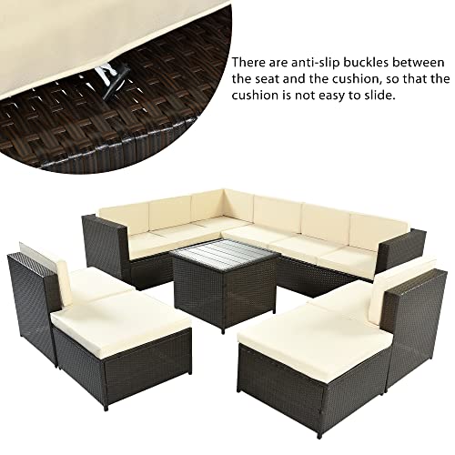 GINGVAT 9 Piece Rattan Furniture Sectional Seating Group with Table, Single Chairs and Ottoman, Outdoor PE Wicker Conversation Sofa Set, Brown+Beige