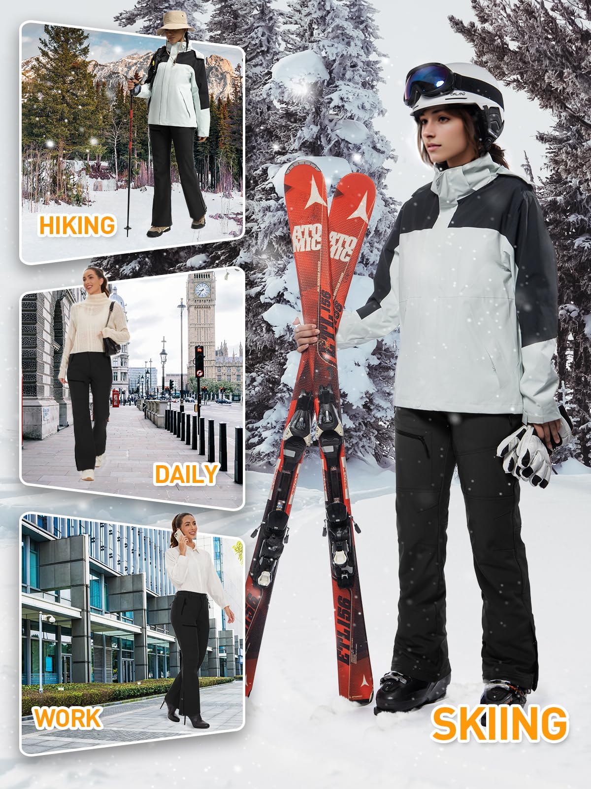 Cycorld Women's Snow Ski Pants Fleece Lined Waterproof Softshell Insulated Flare for Snowboarding Hiking Winter Outdoor(Black, 8)