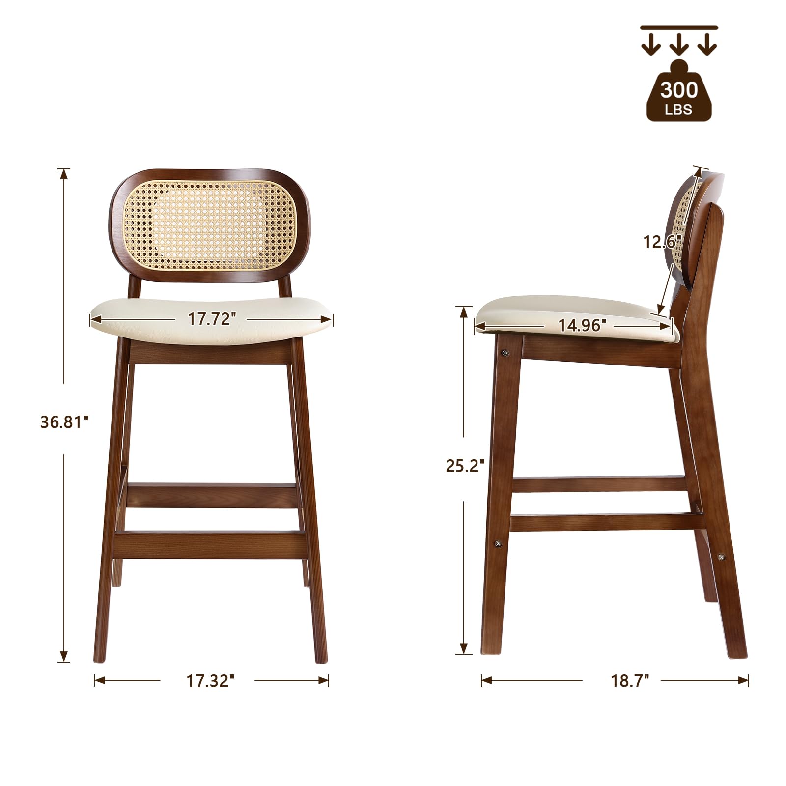 Counter Height Bar Stools Set of 3 Rattan Barstools with Back and Wood Frame, PU Leather Upholstered Bar Chairs, Mid Century Modern Farmhouse Counter Stool for Kitchen Island/Home Bar, Cream White