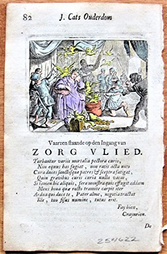 Antique Copperplate Miniature Engraving: BL82 from Ouderdom, Buyten Leven, en Hof Gedachten