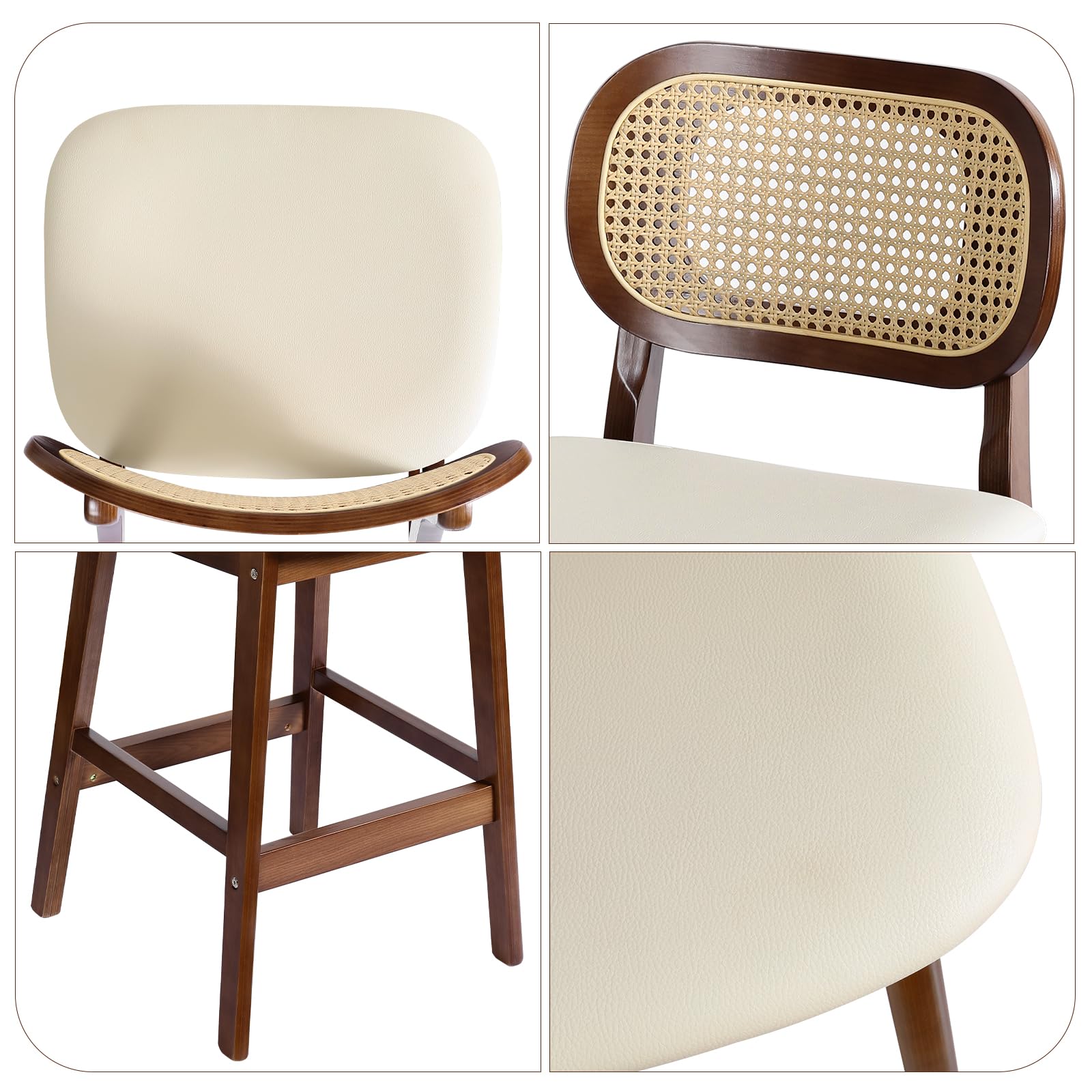 Counter Height Bar Stools Set of 3 Rattan Barstools with Back and Wood Frame, PU Leather Upholstered Bar Chairs, Mid Century Modern Farmhouse Counter Stool for Kitchen Island/Home Bar, Cream White