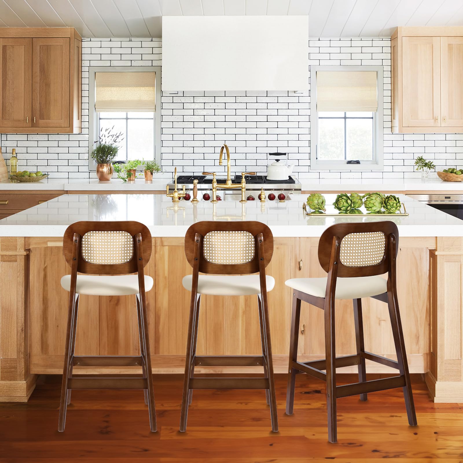 Counter Height Bar Stools Set of 3 Rattan Barstools with Back and Wood Frame, PU Leather Upholstered Bar Chairs, Mid Century Modern Farmhouse Counter Stool for Kitchen Island/Home Bar, Cream White