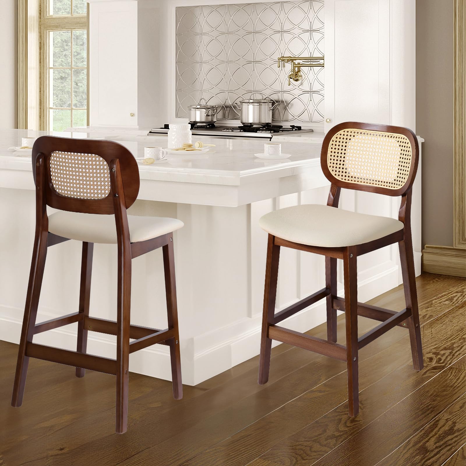 Counter Height Bar Stools Set of 3 Rattan Barstools with Back and Wood Frame, PU Leather Upholstered Bar Chairs, Mid Century Modern Farmhouse Counter Stool for Kitchen Island/Home Bar, Cream White