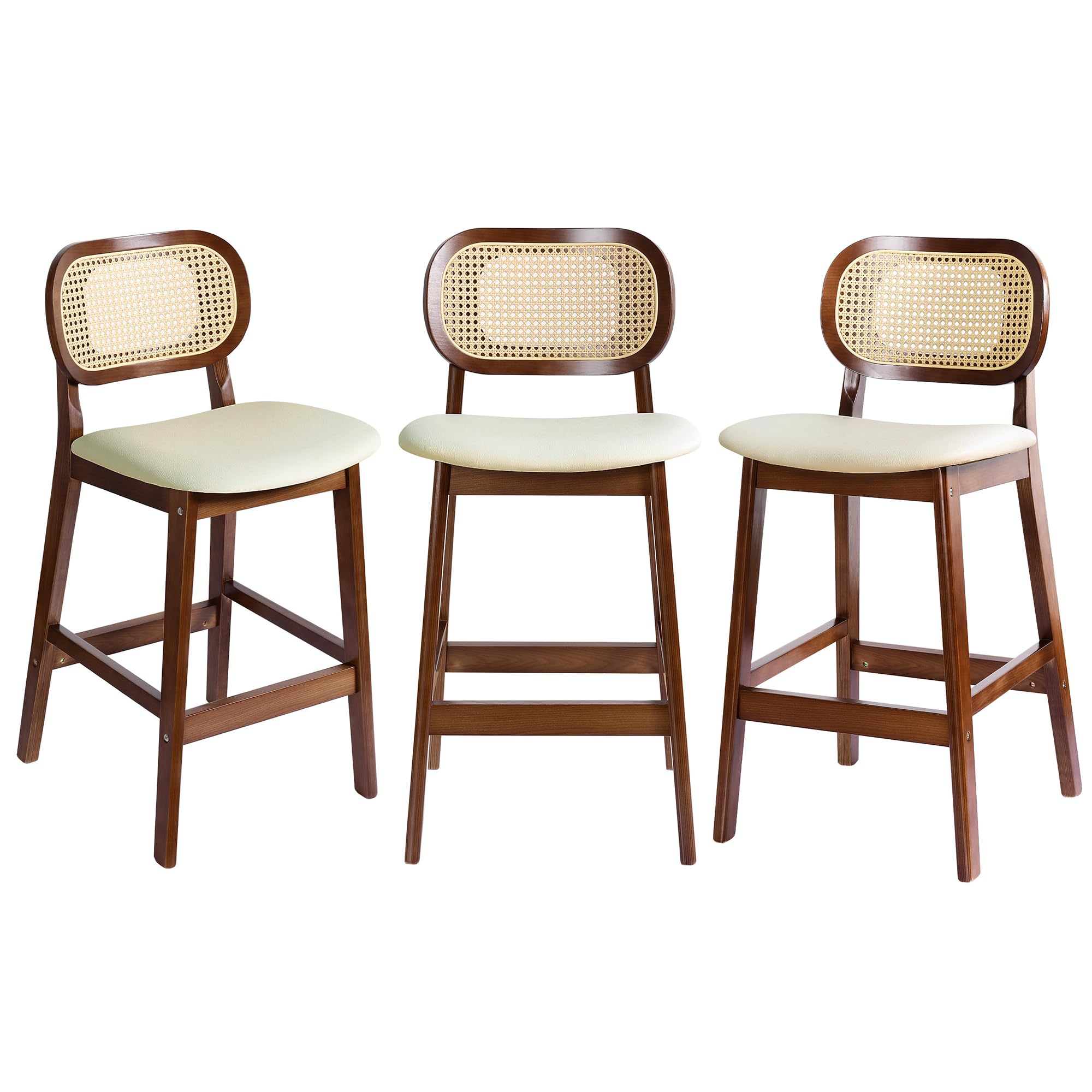 Counter Height Bar Stools Set of 3 Rattan Barstools with Back and Wood Frame, PU Leather Upholstered Bar Chairs, Mid Century Modern Farmhouse Counter Stool for Kitchen Island/Home Bar, Cream White