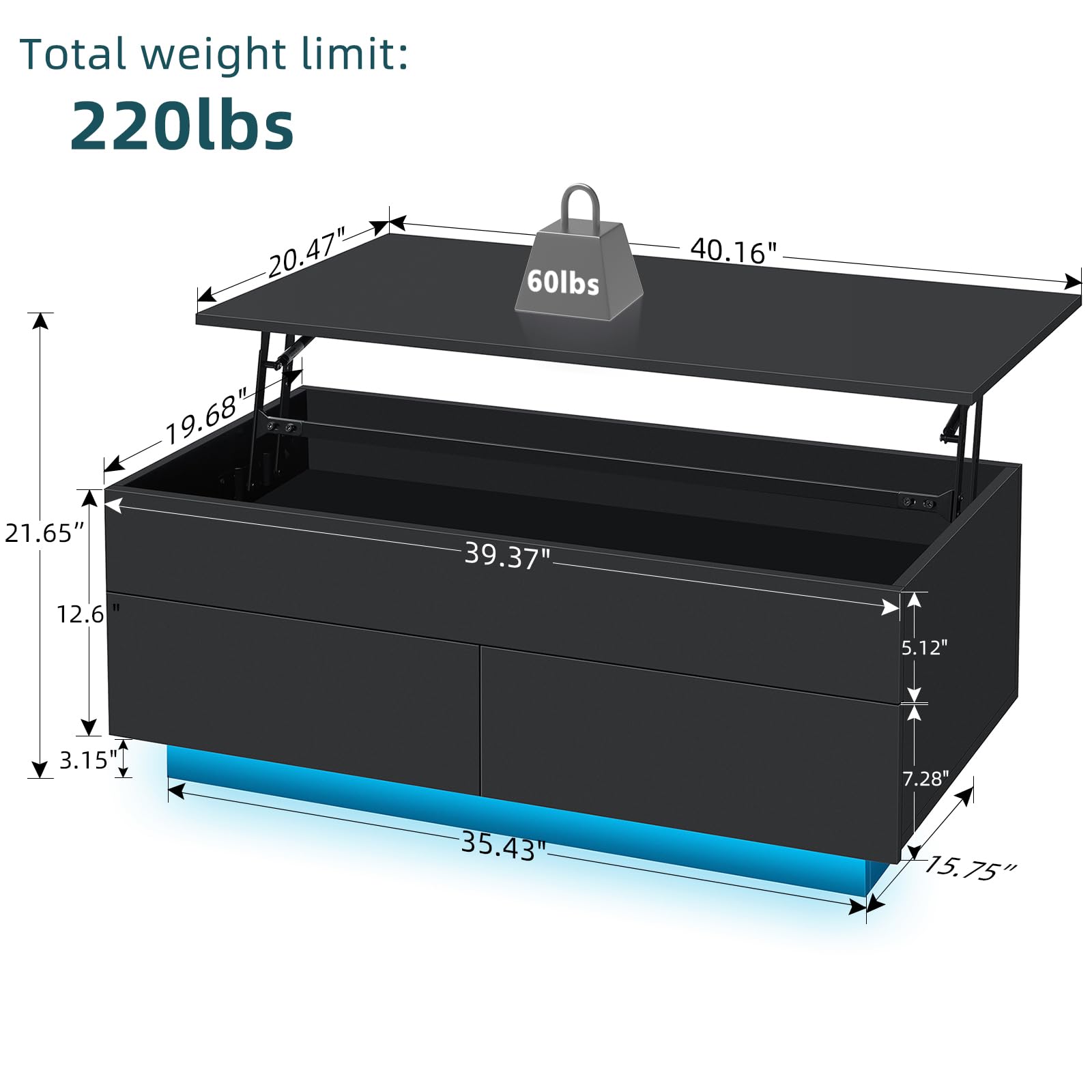 HOMMPA 40'' Lift Top Coffee Table for Living Room, Black Coffee Tables with Storage, LED Modern Coffee Table Rectangular Black Gloss, Flip Top Center Table with 2 Drawers and Hidden Compartment