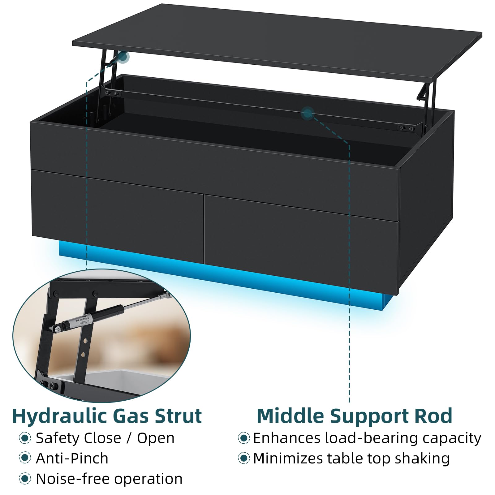HOMMPA 40'' Lift Top Coffee Table for Living Room, Black Coffee Tables with Storage, LED Modern Coffee Table Rectangular Black Gloss, Flip Top Center Table with 2 Drawers and Hidden Compartment
