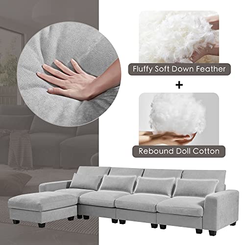 130" L-Shaped Convertible Deep Seat Feather Filled Modular Sectional Sofa with Reversible Chaise/Movable Ottoman&4 Waist Pillows,Comfy Upholstered Corner Couch,5-Seat Oversized Sofá for Living Room