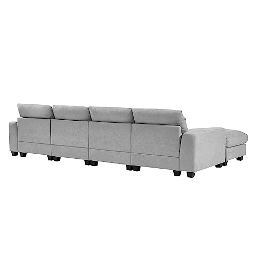 130" L-Shaped Convertible Deep Seat Feather Filled Modular Sectional Sofa with Reversible Chaise/Movable Ottoman&4 Waist Pillows,Comfy Upholstered Corner Couch,5-Seat Oversized Sofá for Living Room