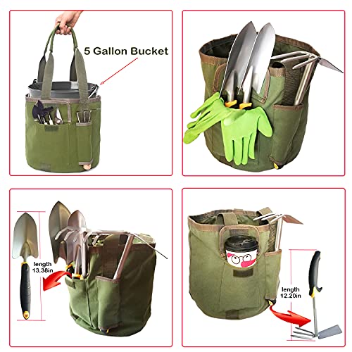 HANC Green Bucket Garden Tools Bag with 2 Pockets, Tote Garden Tools Bag in Water Proof Canvas, Storage Organizer for Men Or Women(Bag Only)
